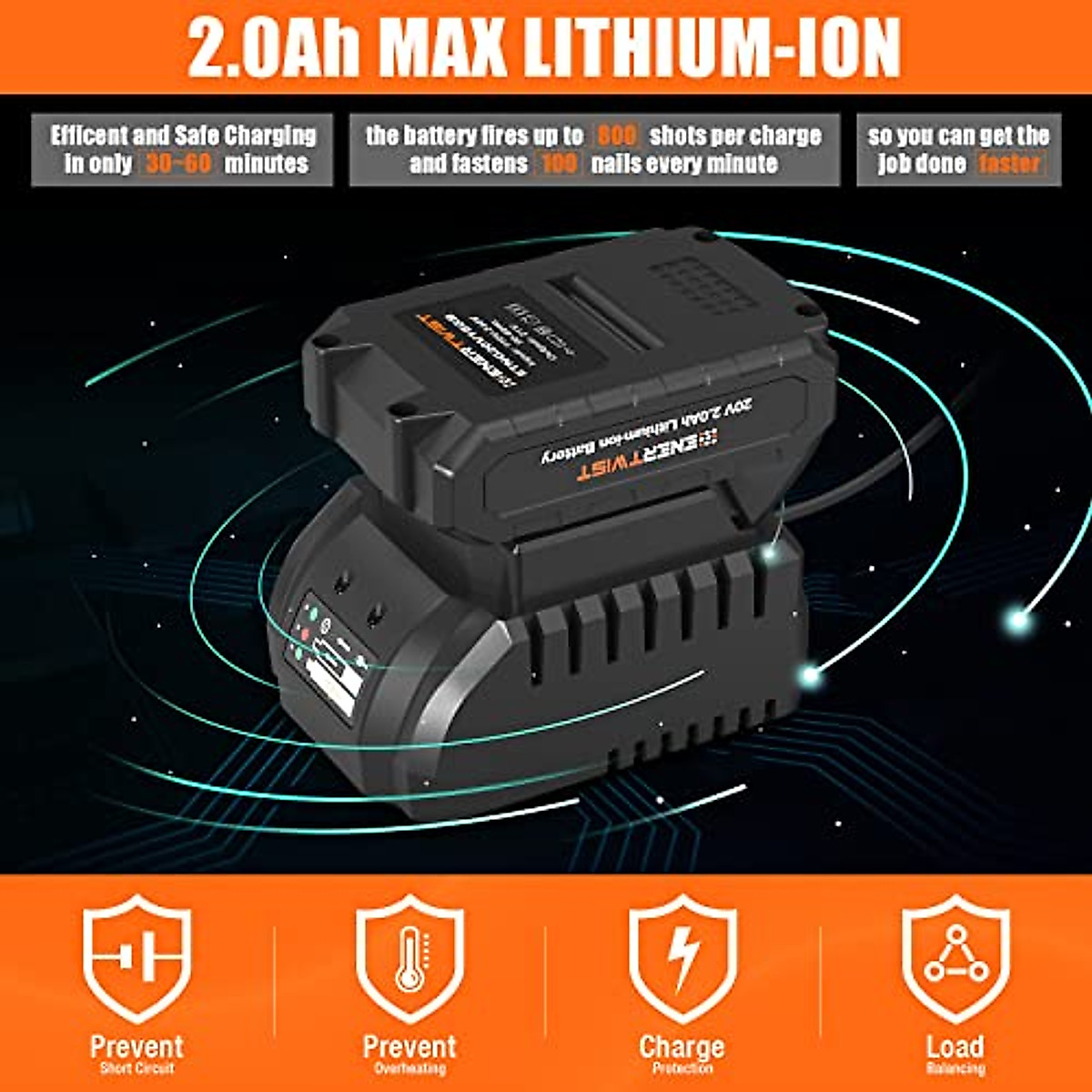 ENERTWIST 20V Cordless Brad Nailer 18 Gauge Nail Gun Battery Powered Including 2.0Ah Li-ion Battery 2 in 1 Cordless Nail/Staple Gun w/Lithium-Ion Battery for Upholstery, Carpentry,Woodworking