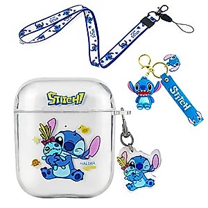 Cute Stith for AirPods 2/1 Case with Lanyard Keychain, Cartoon Funny Anime for Air pod Cover, Clear Shockproof Soft Silicone Protective Skin for Boys Girls Womens