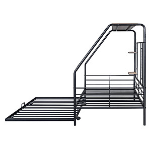RUNNA Metal House Bed with Trundle, Built-in Shelf and Grid, Heavy Duty Metal Day Bed with Guardrail for Kids Boys Girls (Black, Twin)