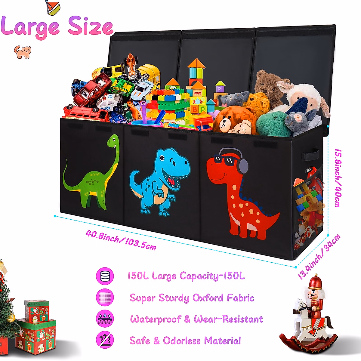 Extra Large Toy Box, Collapsible Sturdy Toy Storage Organizer with Lids, Dinosaur Toy Box for Boys Girls, 40"x16"x16" Kids Toy Chest Bin Box Baskets for Living Room, Playroom, Bedroom, Nursery, Black