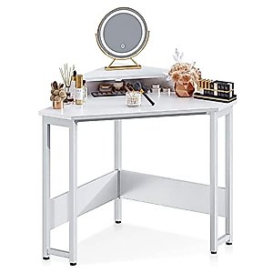 ODK Corner Desk Space Saving Small Desk with Sturdy Steel Frame, Computer Desk with Monitor Stand for Small Space, Easy Assembly Triangle Vanity Desk with Durable Wooden Desktop (White)