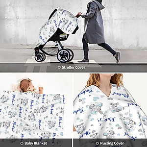 TOMASIAN Personalized Cute Elephant Baby Car Seat Canopy for Babies with Name, Custom Multi-use Blankets Girls Boys, Minky Nursing Breastfeeding Stroller Cover Canopies Newborn, 27.5in x 39in