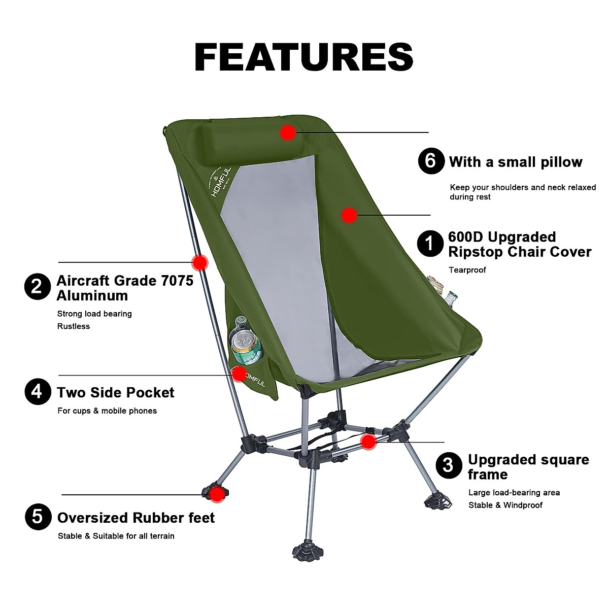 HITORHIKE Camping Chair with Nylon Mesh and Comfortable Headrest Ultralight High Back Folding Portable Compact for Camping, Hiking, Backpacking, Picnic, Festival, Family Road Trip(Green)