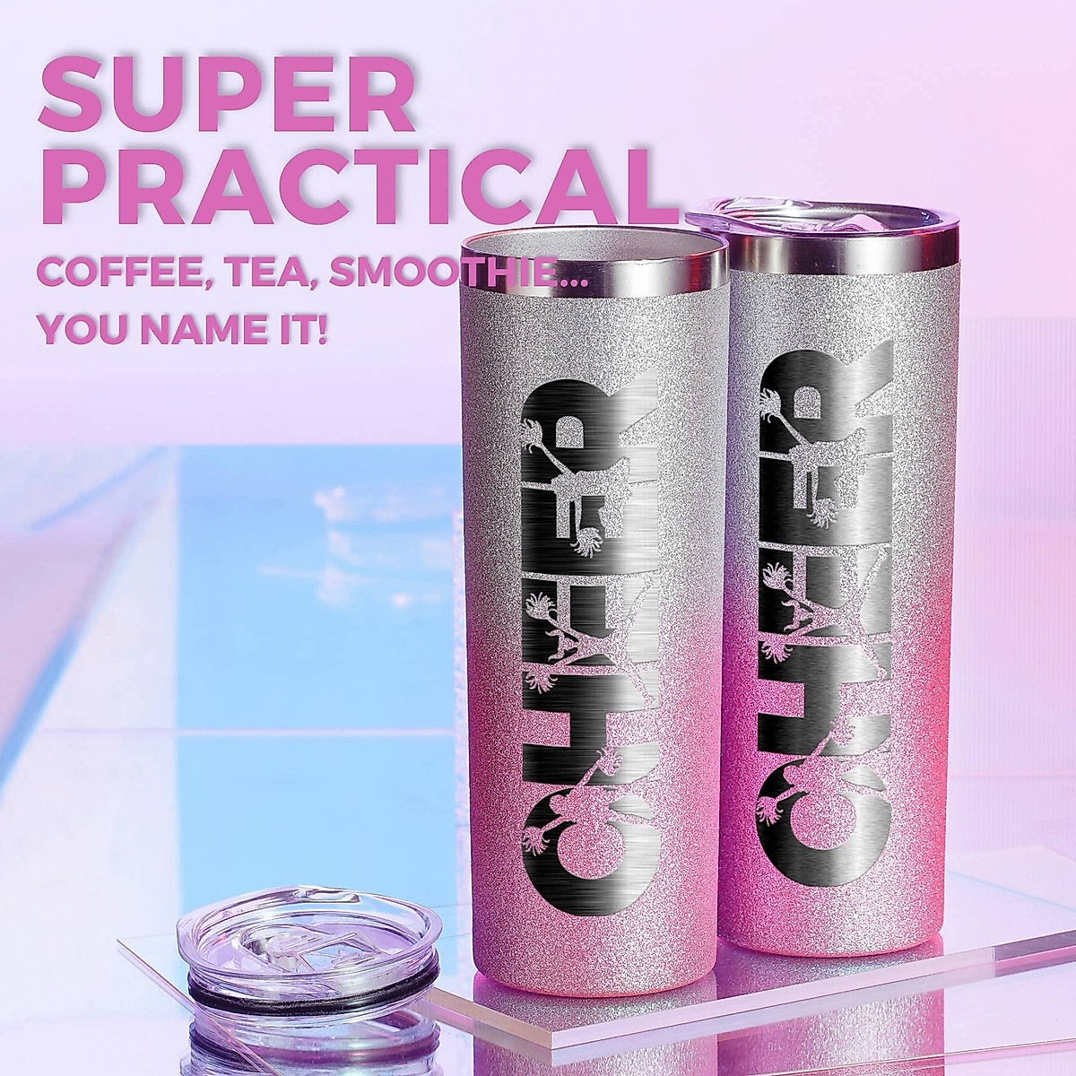 Onebttl Cheerleader Glitter Tumbler Gifts For Girls - Cheer - 20oz/590ml Stainless Steel Insulated Tumbler with Straw, Lid - Gift for Cheerleading, Coach or Cheer Squad - (Pink-Sliver Gradient)