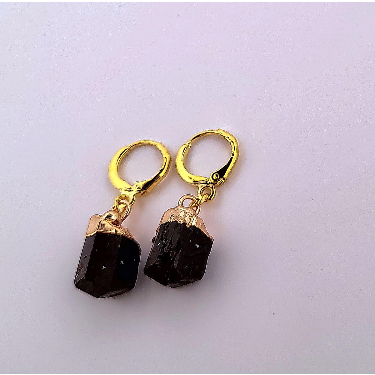 Natural Black Tourmaline Gold Dangle Earrings NBTGDE2