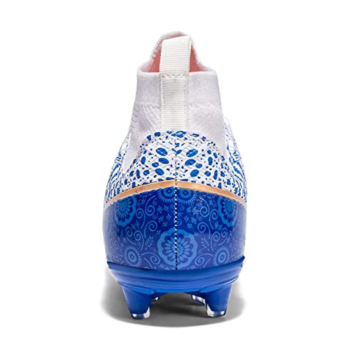 Kids Soccer Shoes Firm Ground Youth Soccer Cleats Boys Spike FG High-Top Football Boots for Outdoor Training White Blue