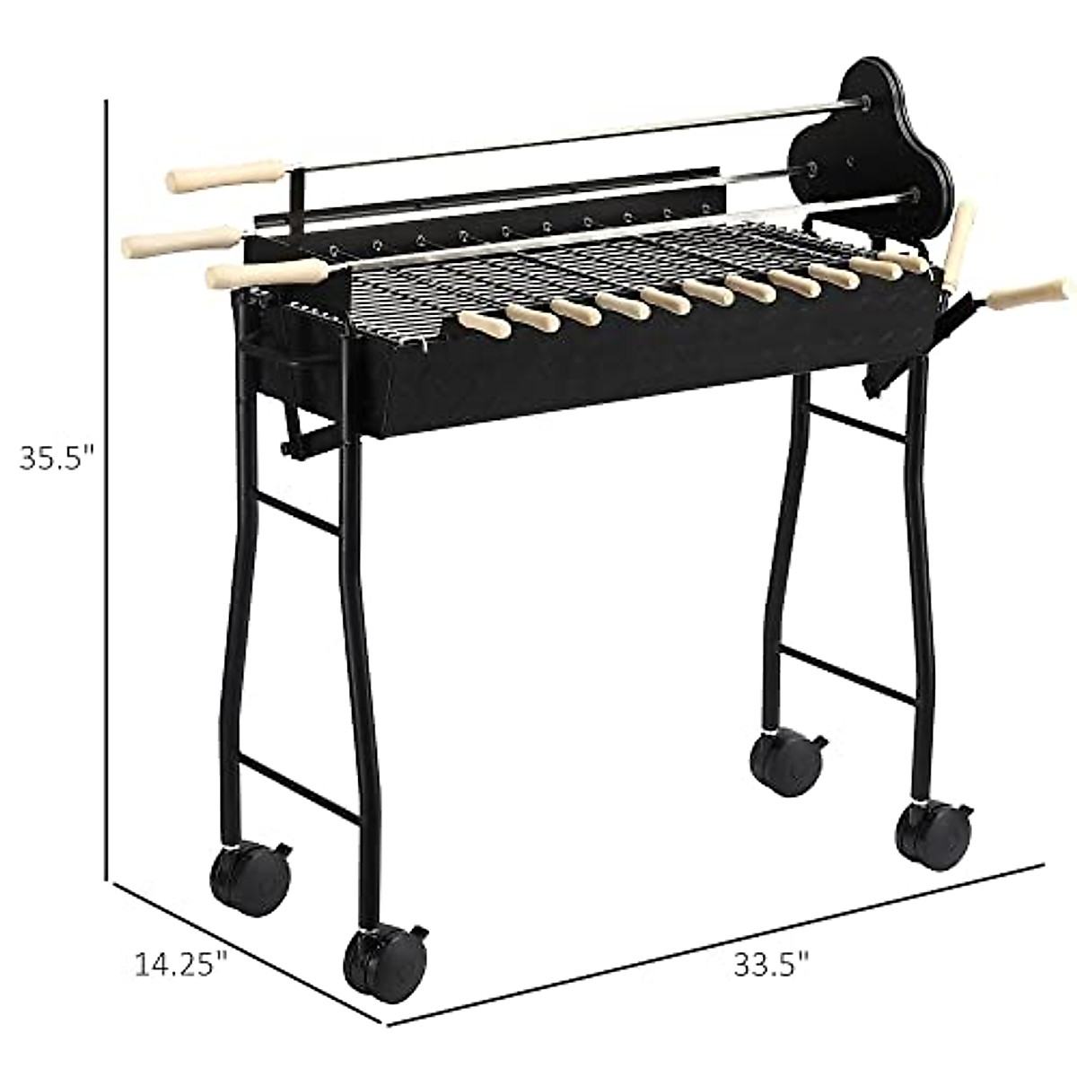 Outsunny Portable Charcoal BBQ Grills Steel Rotisserie Outdoor Cooking Height Adjustable with 4 Wheels Large/Small Skewers Portability for Patio, Backyard, Black
