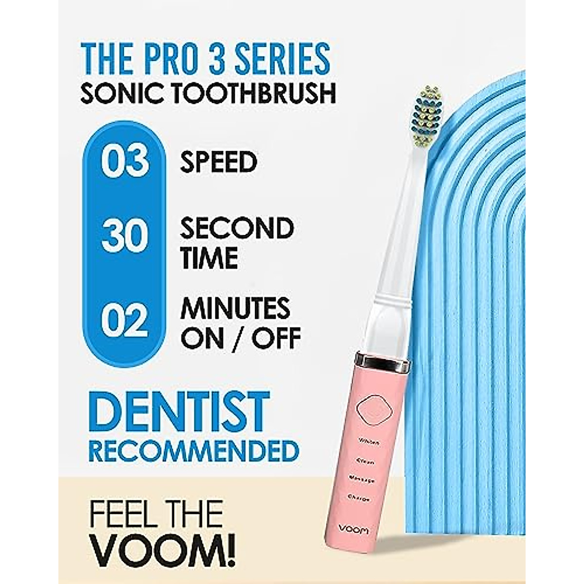 Voom Sonic Pro 3 Rechargeable Electric Battery Powered Toothbrush With Soft Dupont Nylon Bristle Dentist Recommended Portable Oral Care 2-Minute Timer 3 Adjustable Speeds Lightweight Design, Pink