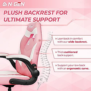 N-GEN Video Gaming Computer Chair Ergonomic Office Chair Desk Chair with Lumbar Support Flip Up Arms Adjustable Height Swivel PU Leather Executive with Wheels for Adults Women Men (Pink)