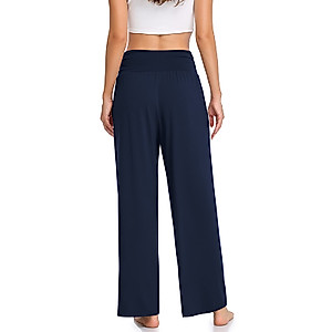 TARSE Womens Wide Leg Pants Plus Size High Waist Yoga Sweatpants Casual Loose Lounge Palazzo Pants Pockets(Navy,XL)