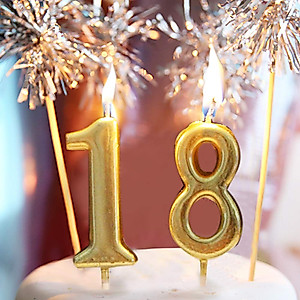 FULANDL 26Pcs Birthday Numeral Candles Set, 10Pcs Number 0-9 Glitter Cake Topper Decoration with 16Pcs Long, Star, Heart Birthday Candles (Gold)