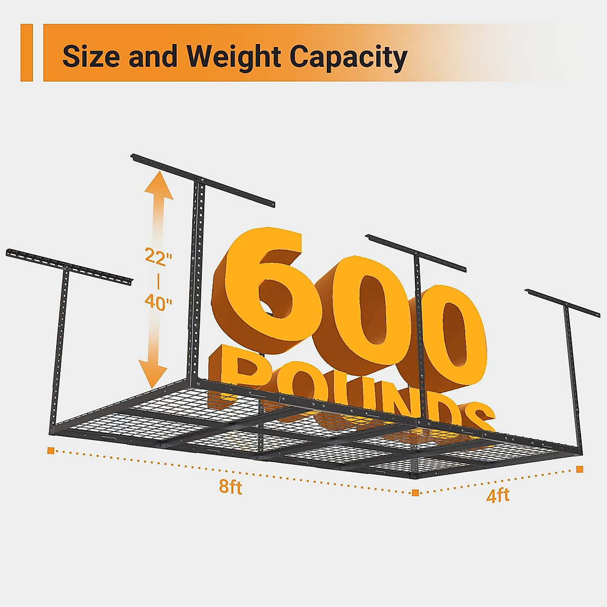 eShelf 4ftx8ft Overhead Garage Storage Rack, Heavy-Duty Metal Garage Ceiling Storage Rack, 22''-40" Adjustable Ceiling Drop-Down, 600 lb. Loading Weight Capacity, Black