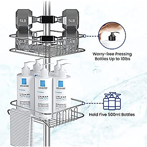 SEIRIONE Rustproof Shower Corner Caddy Organizer for Bathroom, Freestanding Tension Pole with 4 Baskets, for Bathtub Shampoo Storage, 56 to 114 Inch Height