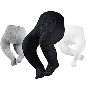 Petrass Baby Girls Cable Knitted Tights Infant Full-Footed Seamless Cotton Tights New-born Girls Seamless Leggings (Black/Ivory/Grey, 0-3 Months)