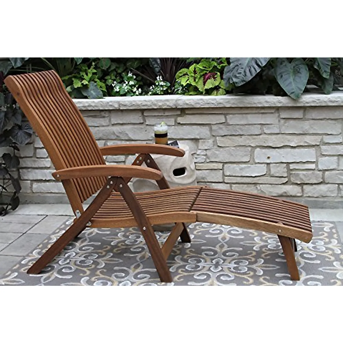 Outdoor Interiors VC7080 Eucalyptus Venetian 5 Position Steamer/Lounger with Ottoman