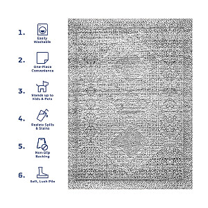 nuLOOM 6' x 9' SpinClean Machine Washable Stain-Resistant Area Rug with Non Slip Backing, Low Profile for Living Room, Bedroom, and Dining Room, Hart Grey