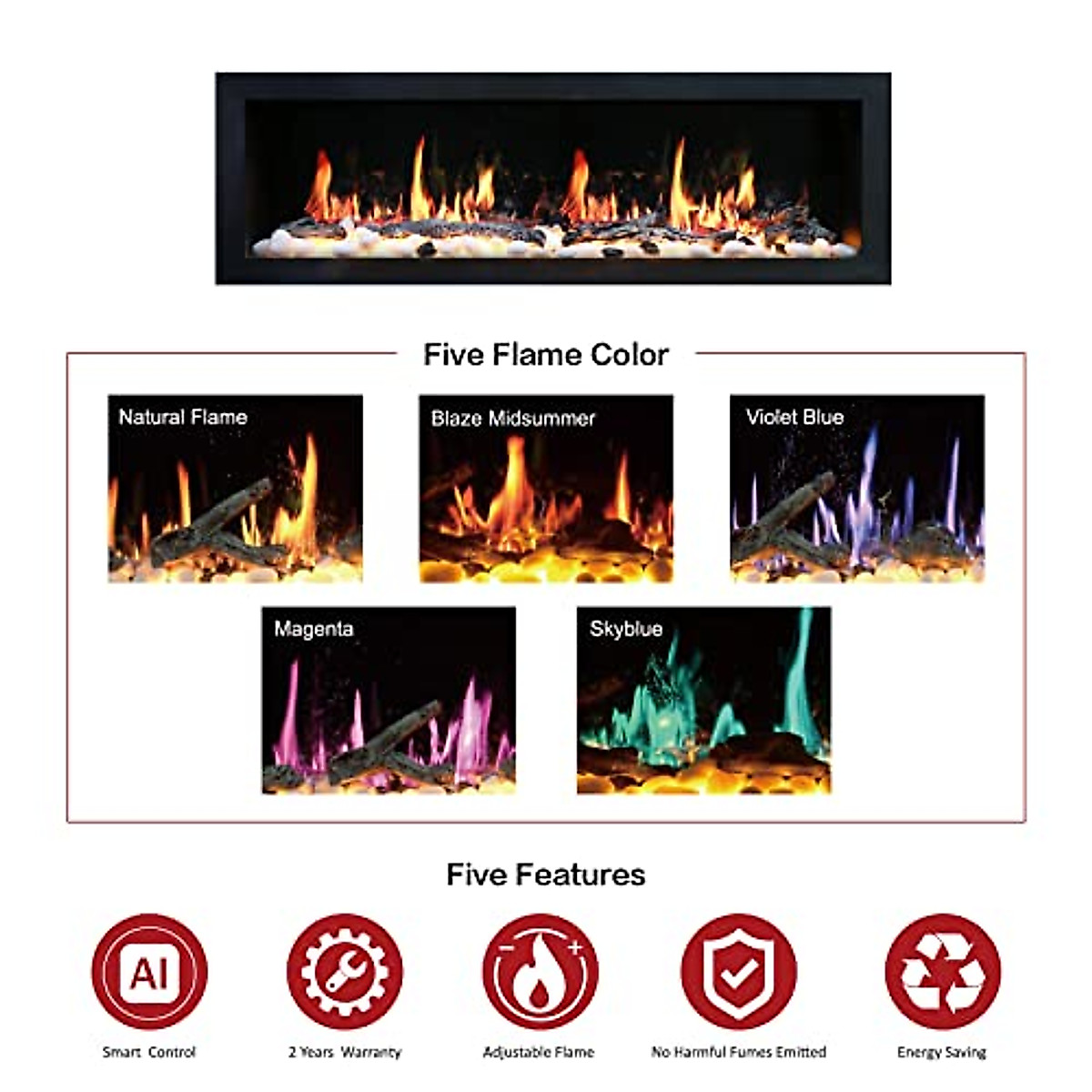 Litedeer Homes Gloria II 68 inch Smart Control Electric Fireplace Insert with WiFi Enable, ZEF68XS Silver White Fireplace 68