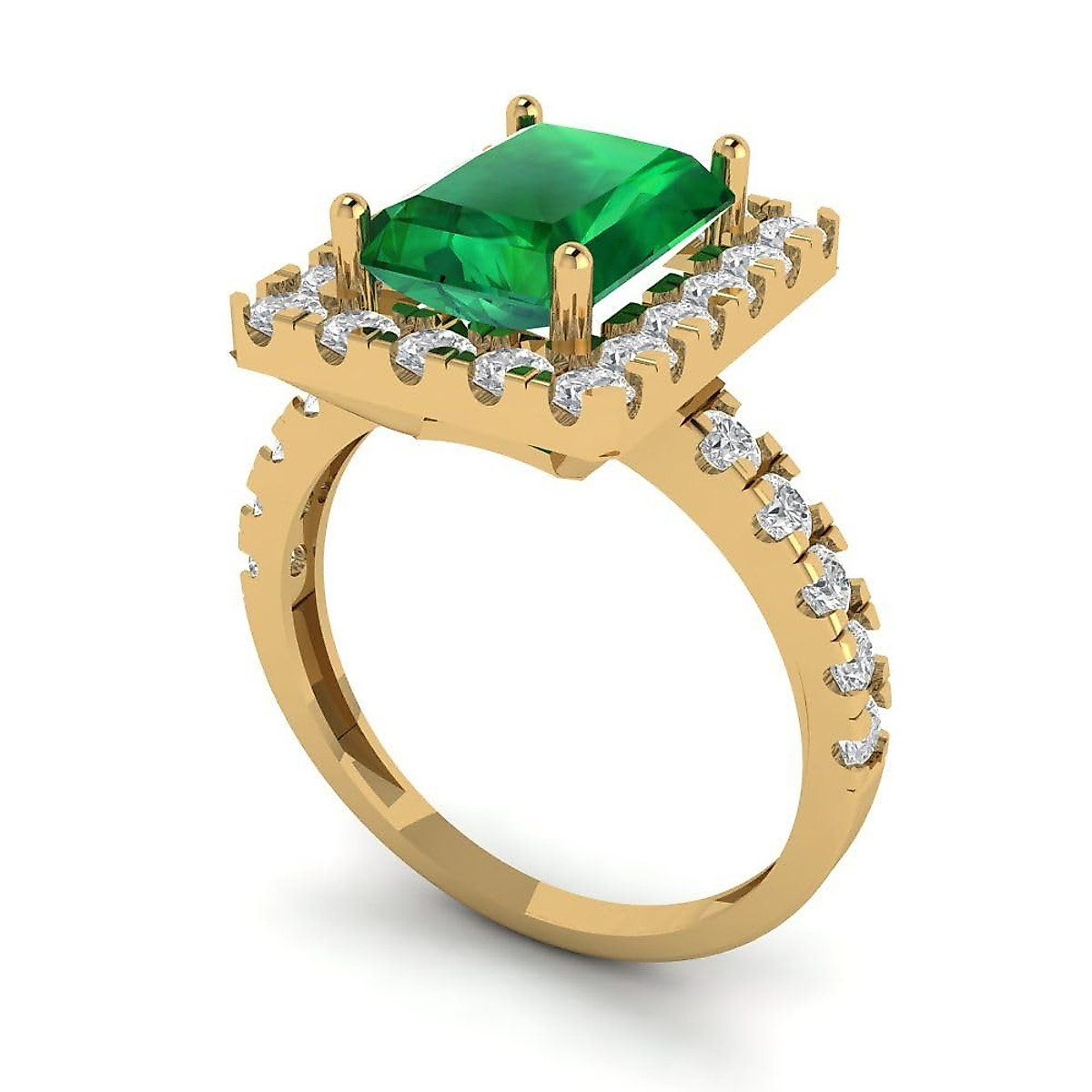 Clara Pucci 4 ct Emerald Cut Solitaire W/Accent Halo Emerald Art Deco Bridal Wedding Statement ring 18K Yellow Gold Size 8