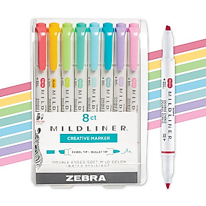 Zebra Pen 78108 Mildliner Double Ended Highlighter Set, Broad and Fine Point Tips, Assorted Ink Planner Colors, 8-Pack