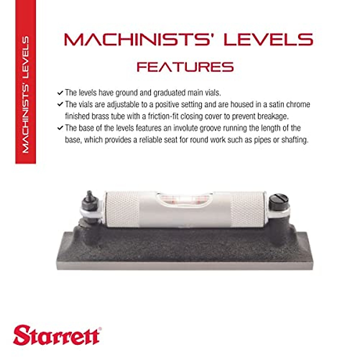 Starrett Machinists' Level with Ground and Graduated Main Vial - Ideal for Machine Shop and Tool Room Use - 4" (100mm) Length, Without Case and Cross Test Vial - 98-4