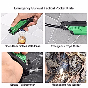 SHUBHADA Folding Pocket Knives Multi Function Emergency Tool Knives Led Light Magnesium fire starter Seatbelt cutter Glass breaker Bottle opener（Green）