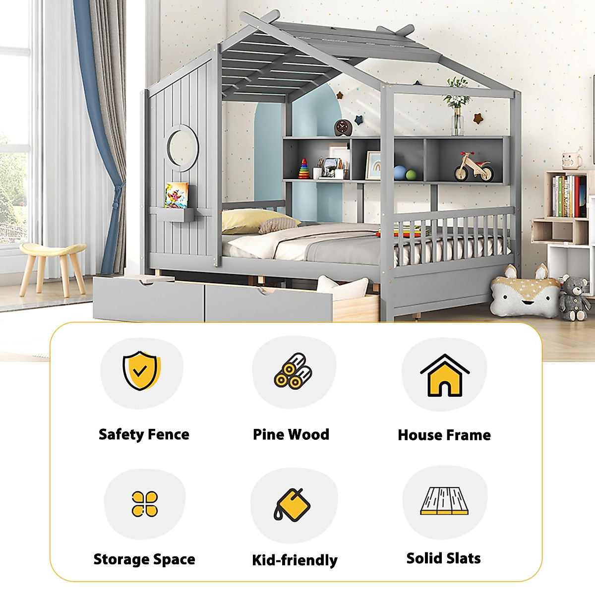 Bellemave Full Size House Bed with 2 Storage Drawers,Kids Bed with Storage Shelves,Wooden House Bed Frame for Girls,Boys,Can be Decorated,Gray