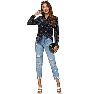 Atnlewhi Women Basic Long Sleeve Button Down Shirts Simple Pullover, Polka Dot/Black, L