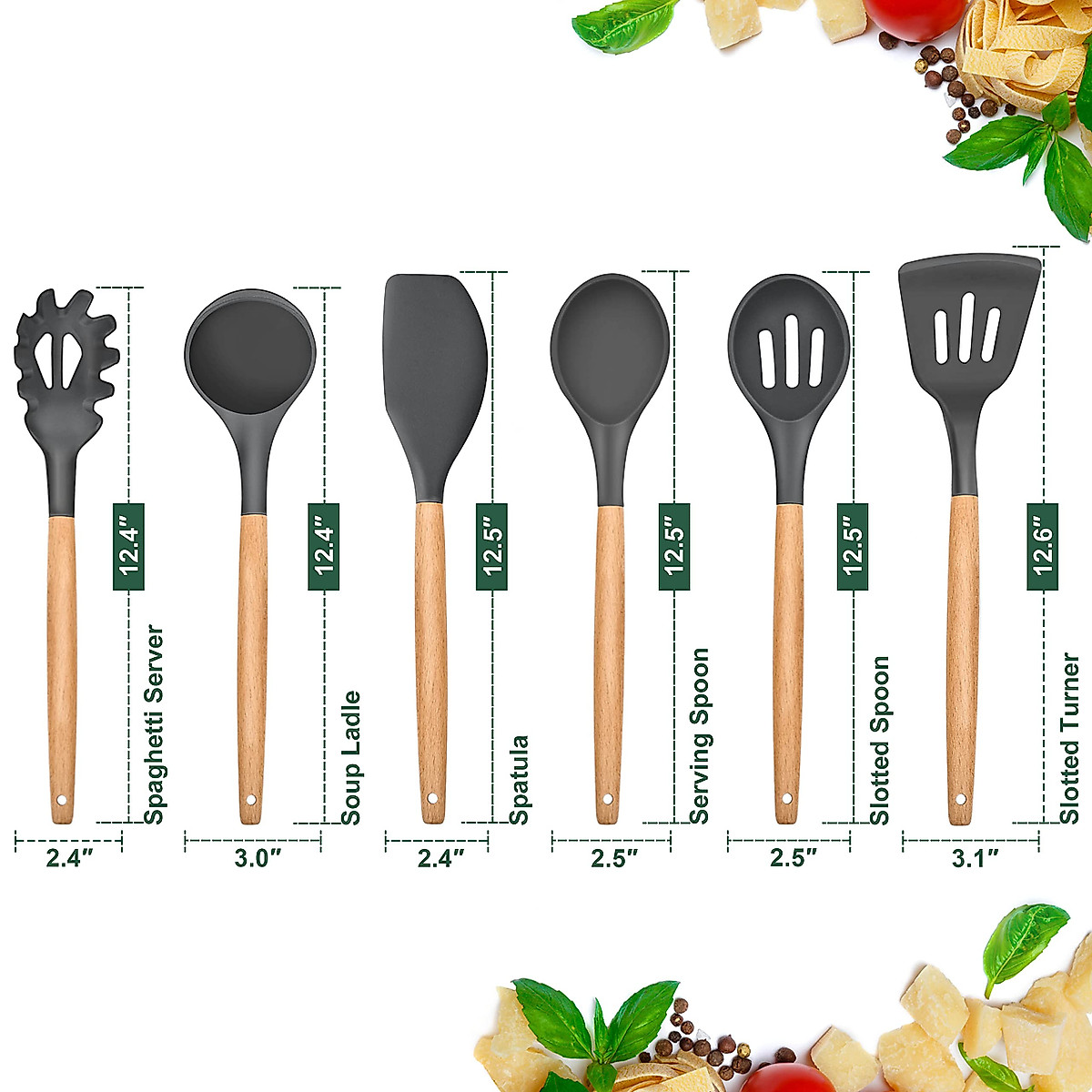 E-far Cooking Utensils Set of 6, Silicone Kitchen Utensils with Wooden Handle, Non-stick Cookware Friendly & Heat Resistant, Includes Spatula/Ladle/Slotted Turner/Serving Spoon/Spaghetti Server(Gray)