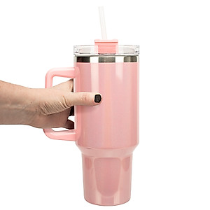 Elanze Designs Hippo Wise Fierce Curious Animal Traits 40 oz. Stainless Steel, Large Water Bottle Coffee Mug, Spill & Leak Resistant, Thermal Travel Tumbler with Handle, Lid & Straw, Pale Pink