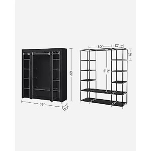SONGMICS Closet Wardrobe, Portable Closet for Bedroom, Clothes Rail with Non-Woven Fabric Cover, Clothes Storage Organizer, 59 x 17.7 x 69 Inches, 12 Compartments, Black ULSF03H