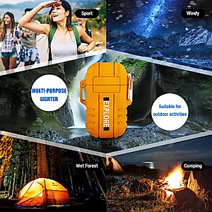 LcFun Electric Lighter USB C Rechargeable Lighter Windproof Arc Lighter Waterproof Flameless Dual Arc Plasma Lighters with Emergency Whistle for Adventure, Survival Tactical, Camping Gadgets (Orange)