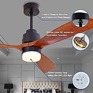 52'' Ceiling Fans with Lights Remote Control, Wood 3 Blade Ceiling Fan with Quiet Reversible DC Motor/Sleep Timer/6 Speeds, for Outdoor Indoor Bedroom Patios Farmhouse Living Room…