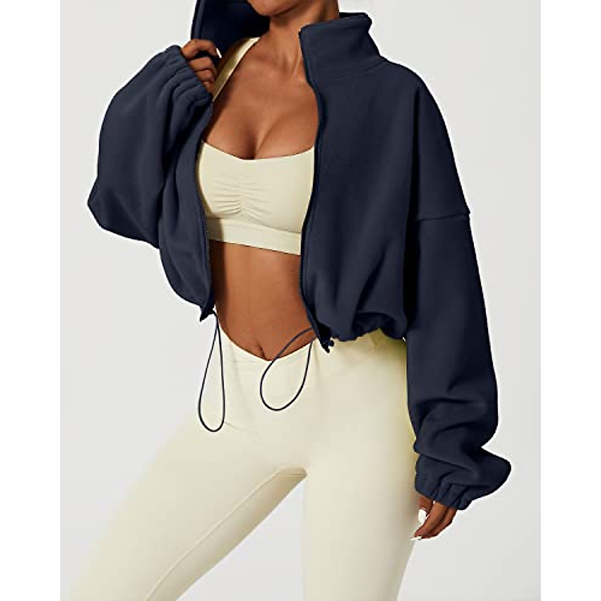 QINSEN Women's Full Zip Fleece Jacket Stand Collar Winter Warm Cropped Outwear Baggy Sherpa Short Coat Navy L