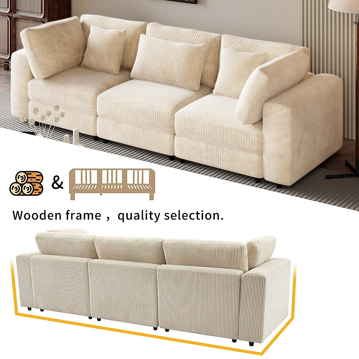 FREESNOOZE 105" Corduroy Sectional Sofa Couch with Removable Back Cushions and 5 Pillows, 3 Seater Sofa for Living Room, Apartment, Spacious Space(Beige)