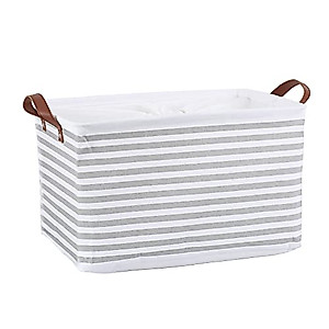Large Storage Basket organizer Fabric Storage Bin for shelf Closet Organizer Bin Collapsible Storage Box with PU Leather Handles and Drawstring Closure (Waterproof Lining, Grey Stripe)