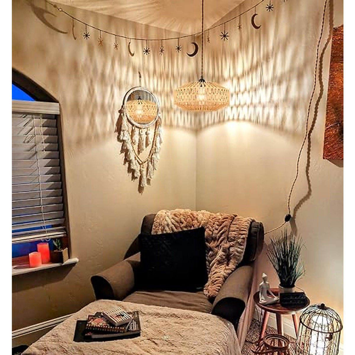 QIYIZM Plug in Pendant Light Hanging Lights with Cord Rattan Boho Hanging Lamp Dimmable,Wicker Bamboo Woven Lamp Shade,Ceiling Light Fixture for Living Room Bedroom Kitchen