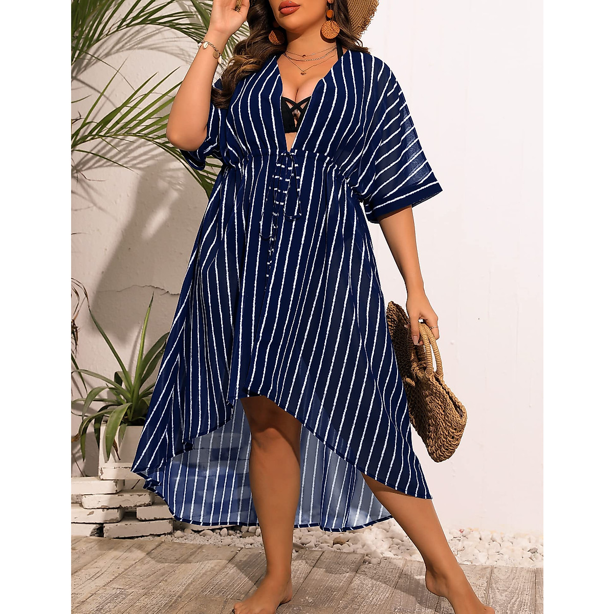 SWOMOG Women Cover Ups Plus Size Swimsuit Chiffon Kimono Long Cardigan Open Front Bathing Suit Summer Flowy Bikini Beachwear