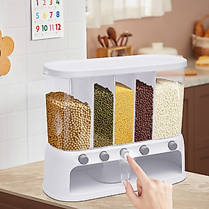 Gdrasuya10 22Lbs Rice and Grain Dispenser, 5-Grid Kitchen Dry Food Container with Airtight Moisture Lid, 1-Click Output Transparent Rice Storage with Measuring Cup for Cereal, Flour, Beans