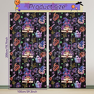 HOWAF 2 Packs Neon Halloween Ghost Fluorescence Foil Fringe Curtains Decoration 3.2 * 6.5ft Halloween Horror Night Glow UV Neon Pumpkin Bats Foil Fringe Photo Booth Backdrop Streamer Tinsel Curtains
