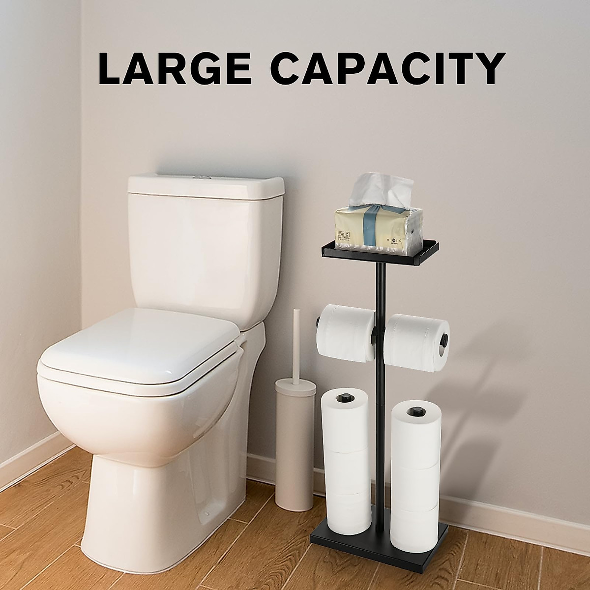 Standing Toilet Paper Holder, Free-Standing Toilet Paper Stand for 8 Mega Rolls, Metal Tissue Storage Shelf for Bathroom