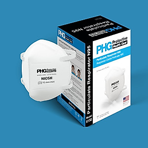 PHG PROTECTIVE HEALTH GEAR N95 Particulate Filtering Respirators, NIOSH Certified, MADE IN USA, For Medical & Personal Use, Head-Straps, 20 Individually Wrapped Masks