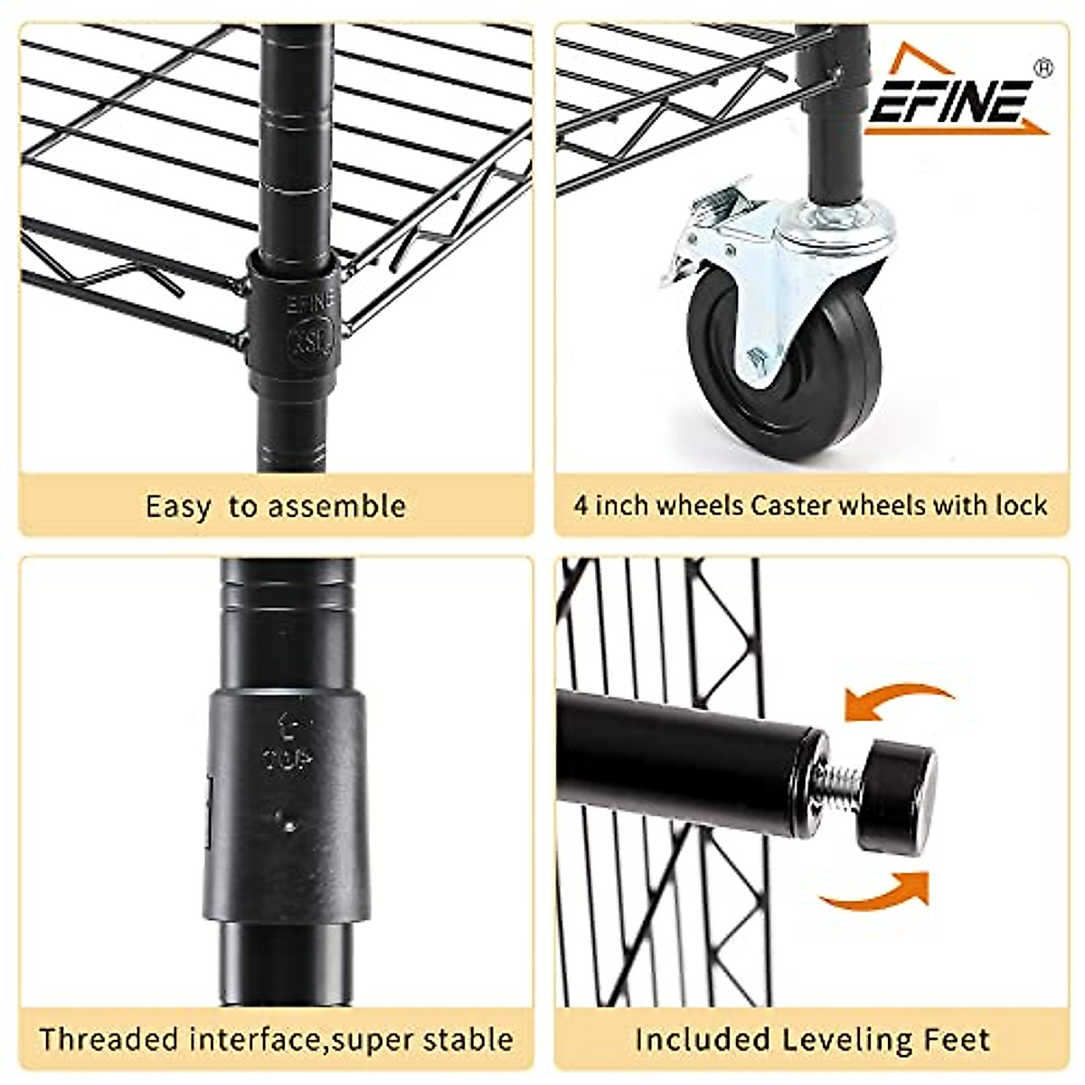 EFINE 5-Tier NSF Certified Storage Shelves, Heavy Duty Steel Wire Shelving Unit with Wheels and Adjustable Feet, Used as Pantry Shelf, Garage or Bakers Rack Kitchen Shelving - (18"x48"x72" Black)