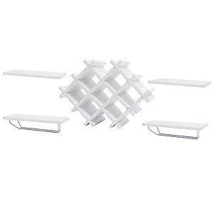 LOYALHEARTDY Set of 5 Wall Mount Wine Rack Set w/Storage Shelves and Glass Holder Modern Diamond-Shaped Wood Wine Server for 8 Bottles Wine Storage Display Rack (White)