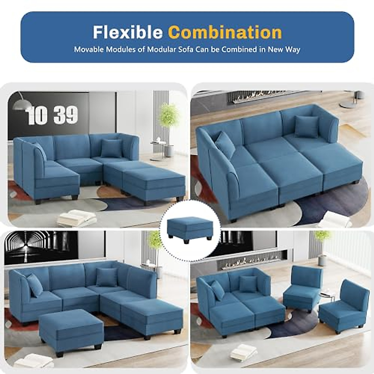 JAMFLY 116'' Modular Sectional Sofa with Reversible Chaise, U-Shape Convertible Sectional Sofa Couch with 6 Seats, Velvet Modern Sleeper Modular Couch with Ottomans for Living Room
