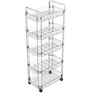 Clear 5 Tier Rolling Utility Cart with Wheels,Modern Bedside Cart for Baby Essentials,Nursery,Diaper Caddy,Baby Supplies,Rolling Storage Cart for Living Room,Bathroom,Kitchen,Book Cart