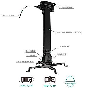 WALI Universal Projector Ceiling Mount Multiple Adjustment Bracket with 25.6 inches Extension Pole, Hold up to 44 lbs (PM-001-BLK), Black