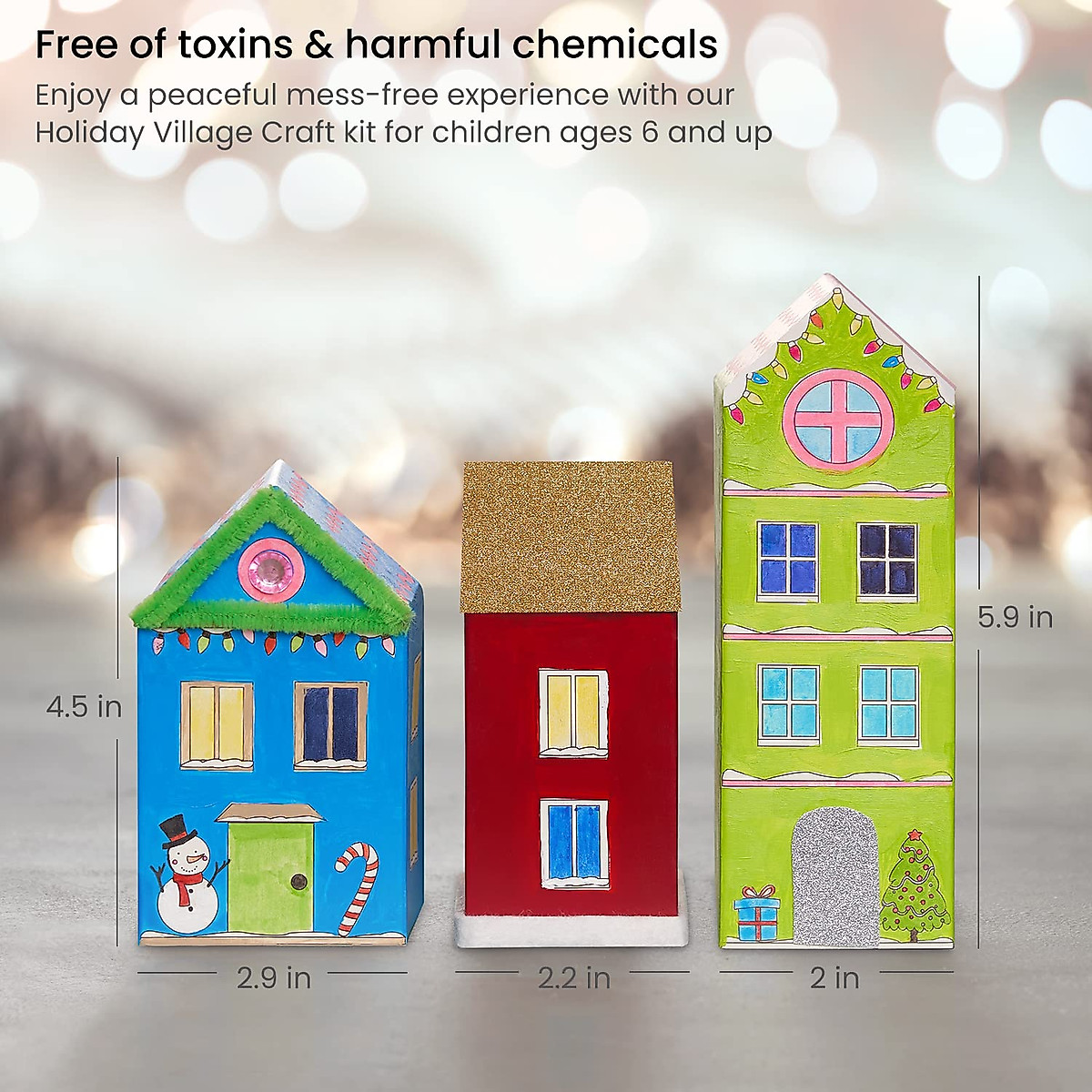 Arteza Kids Christmas Village Kit, 3D Holiday Kit Includes 20 Colorable Cut Out Cardboard Crafts, Glitter Glue, Pom Poms, Markers, Craft Supplies for Family Activities, Winter and Holiday Parties