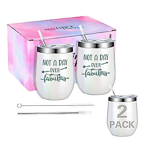 QIUB Wine Tumbler Cups Gifts for Women 12 oz mug With Lids Tumblers Water Glasses Coffee Cocktails Champaign Champagne Stainless Steel Stemless insulated White-2Pack 4 Piece Set