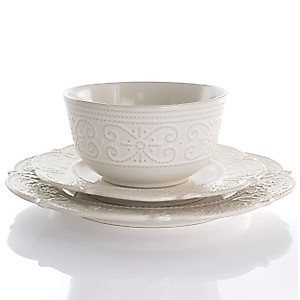 MISC 16 Piece Embossed Scalloped Stoneware Dinnerware Set in White Textured Casual Round Dishwasher Safe