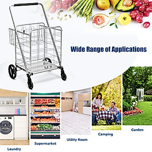 Goplus Folding Shopping Cart, Jumbo Double Basket Utility Grocery Cart 330lbs Capacity with 360° Rolling Swivel Wheels, Portable Heavy Duty Cart for Laundry Shopping Grocery